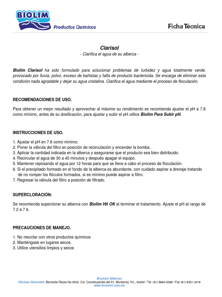Biolim Clarisol Ficha Técnica | PDF | Agua | Ph