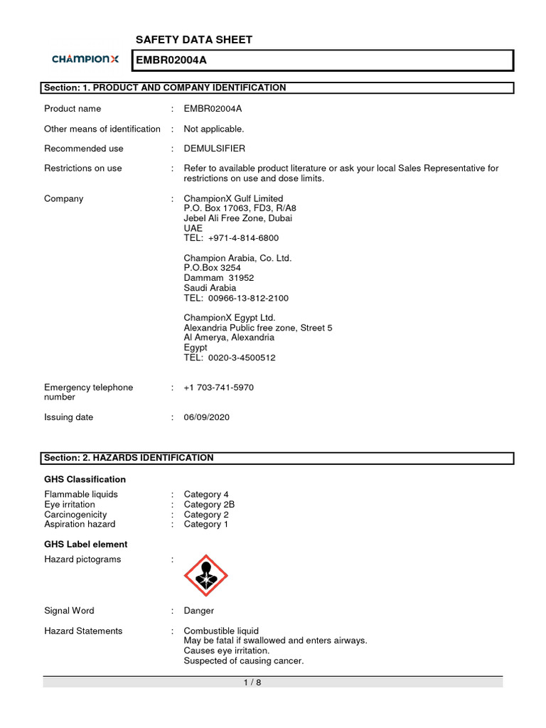 DEMULSIFIER ENBR02004A 1 ChampionX | PDF | Dangerous Goods | Personal ...