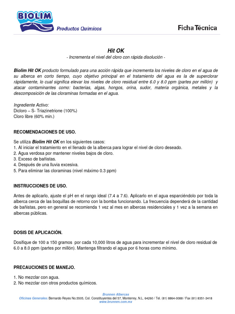 Biolim Ficha Técnica Hit Ok | PDF | Agua | Piscina