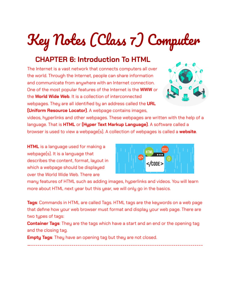 Class 7 Chapter 6 Introduction To HTML | PDF | Html Element | World Wide Web