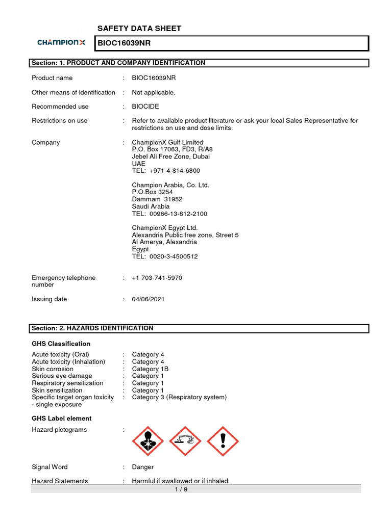 BIOC16039NR-SDS-EN-Middle East | PDF | Personal Protective Equipment | Dangerous Goods