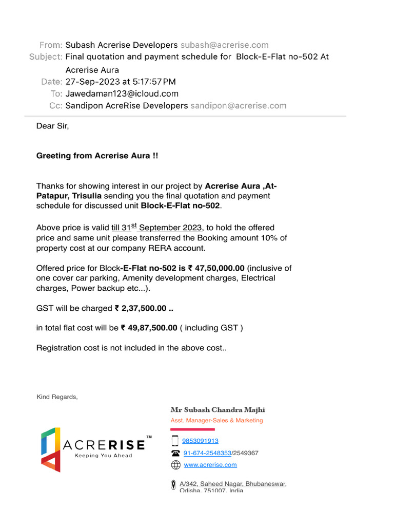 Final Quotation and Payment Schedule For Block-E-Flat No-502 at Acrerise Aura | PDF | Career ...