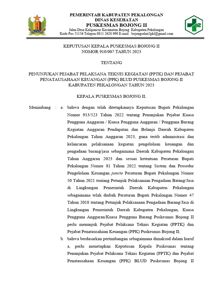 SK. Penunjukan Pejabat Keuangan Dan PPTK BLUD Tahun 2023 | PDF | Bisnis | Griya & Taman