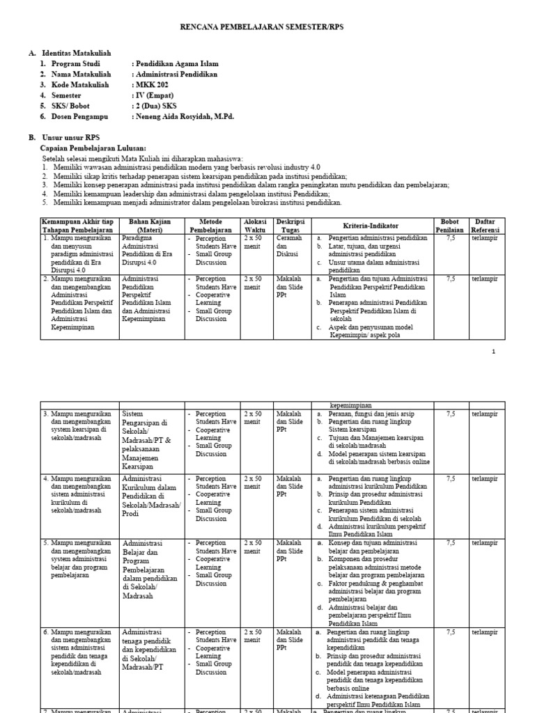 RPS Administrasi Pendidikan - Pai SMT 4 | PDF