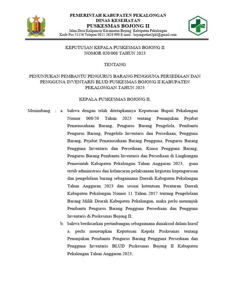 SK. Penunjukan Pembantu Pengurus Barang Pengguna Persediaan Dan Inventaris BLUD Tahun 2023 | PDF