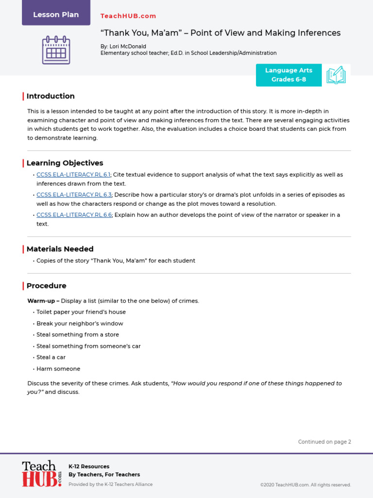 Lesson Plan: Analyzing "Thank You, Ma’am" | PDF | Learning | Cognition