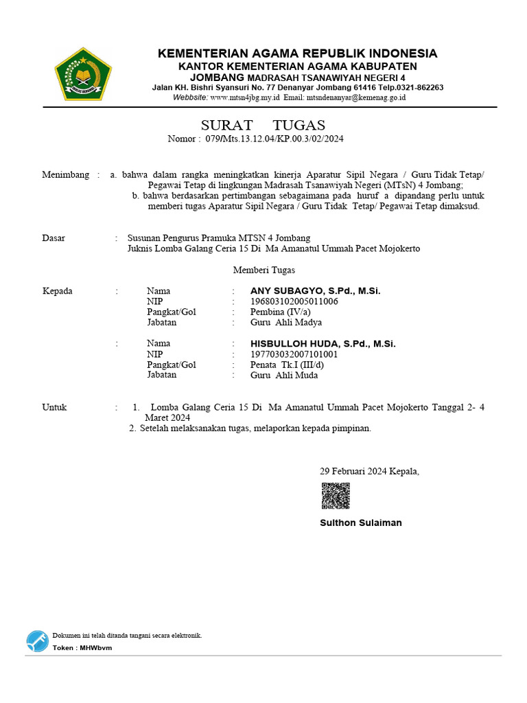 Contoh Surat Tugas Pendamping Lomba Pramuka | PDF