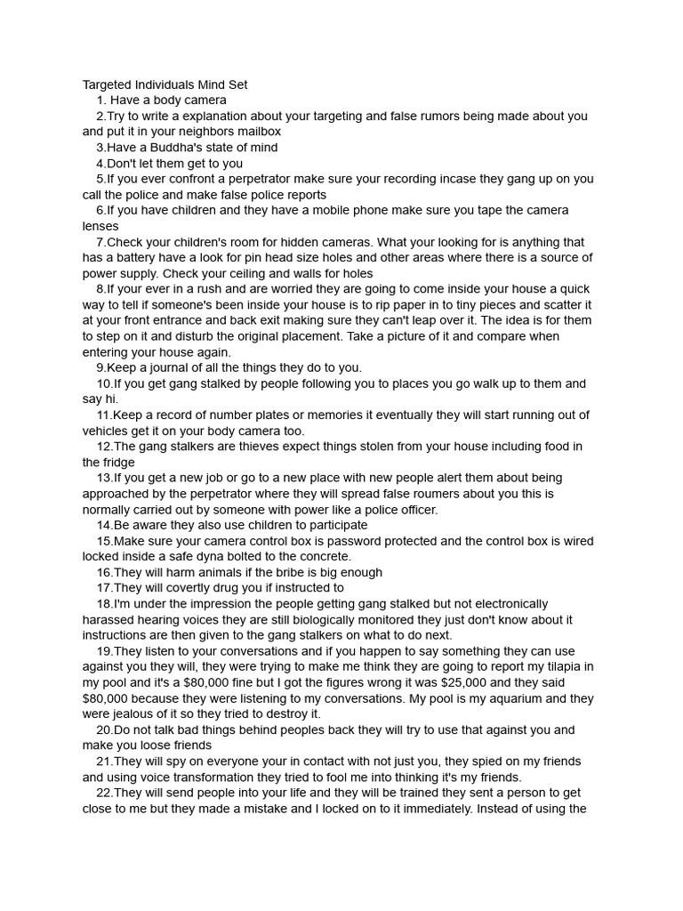 New Targeted Individuals Mindset | PDF | Stalking