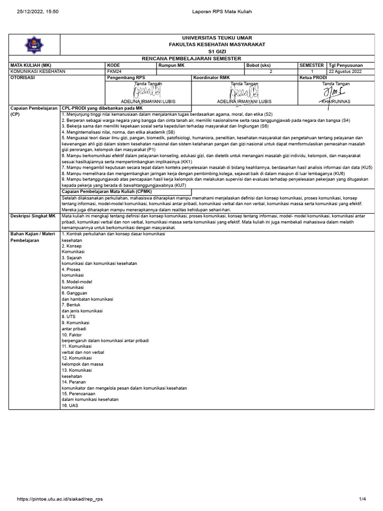 Laporan RPS Mata Kuliah Komunikasi Kesehatan - TTD | PDF | Karier & Perkembangan | Sains ...