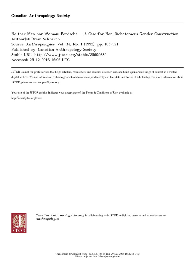 Neither Man Nor Woman - Berdache - A Case For Non-Dichotomous Gender Construction. | PDF ...