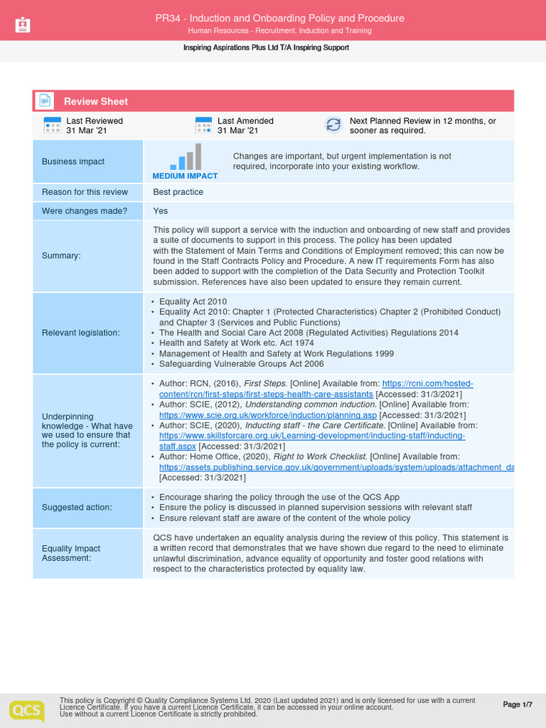 PR34 Induction and Onboarding Policy and Procedure | PDF | Occupational ...