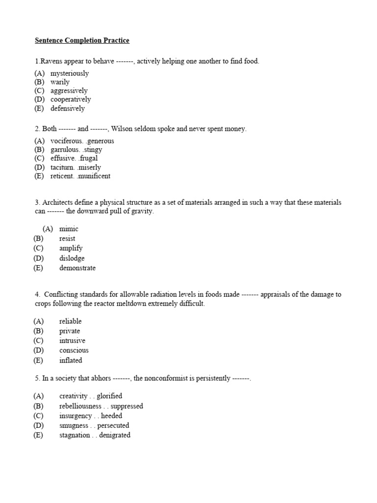 Sat Sentence Completion Practice-1 | PDF | Accuracy And Precision ...