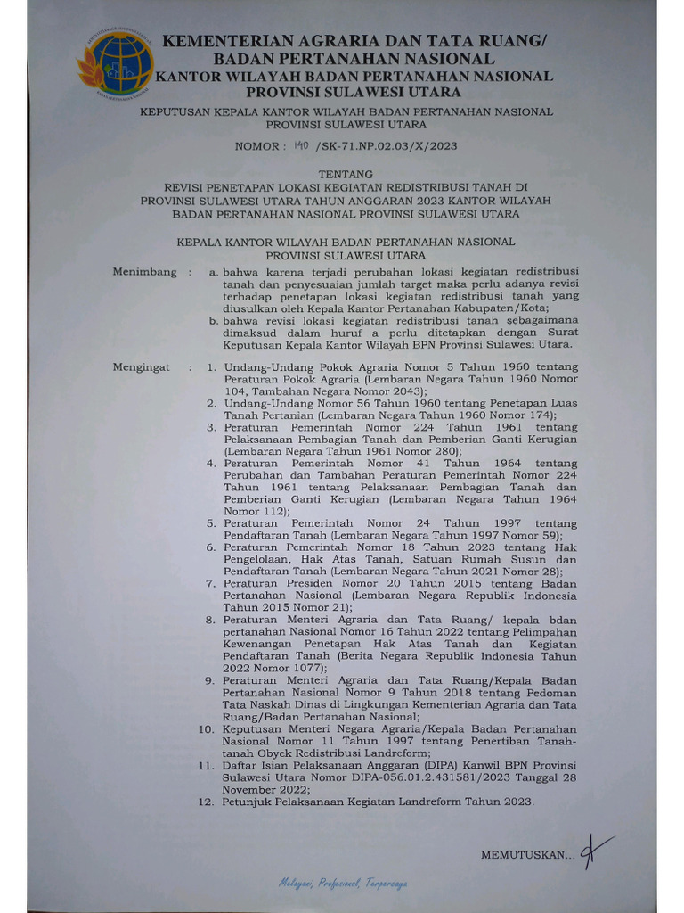 SK REVISI PENETAPAN REDISTRIBUSI TANAH PROVINSI SULAWESI UTARA TAHUN ...