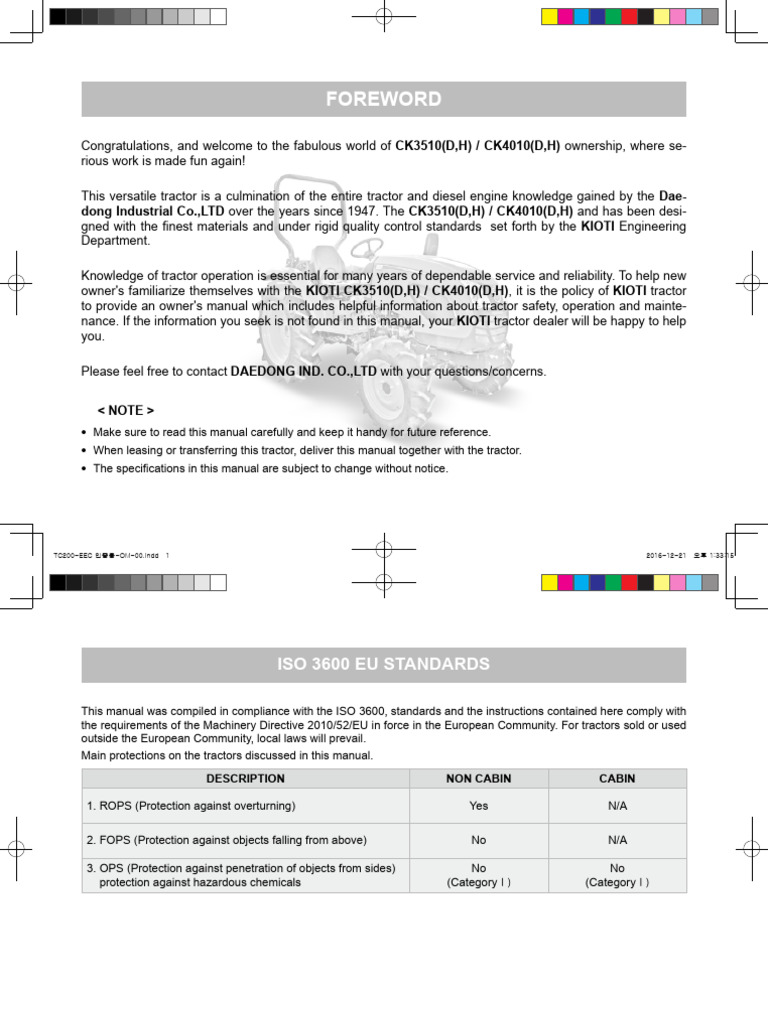 Kioti CK3510 (D, H), CK4010 (D, H) Tractor Operator's Manual | PDF ...