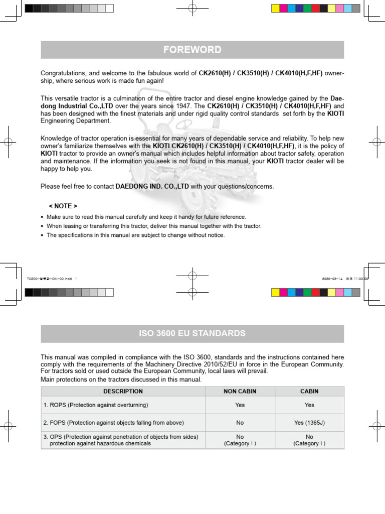 Kioti CK2610 (H), CK3510 (H), CK4010 (H, F, HF) Tractor Operator's ...