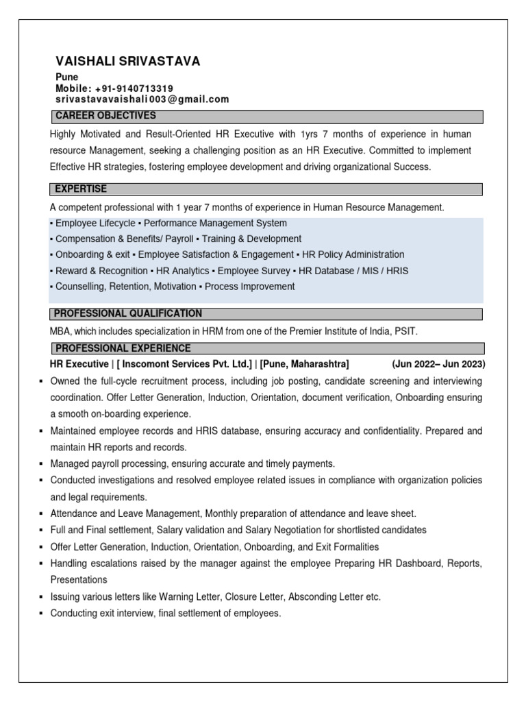 Vaishali+Srivastava+CV 2 | PDF | Human Resources | Human Resource Management