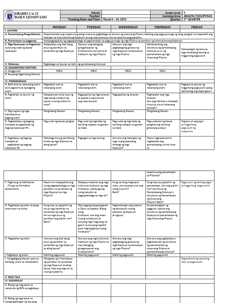 DLL - Araling Panlipunan 5 - Q3 - W4 | PDF
