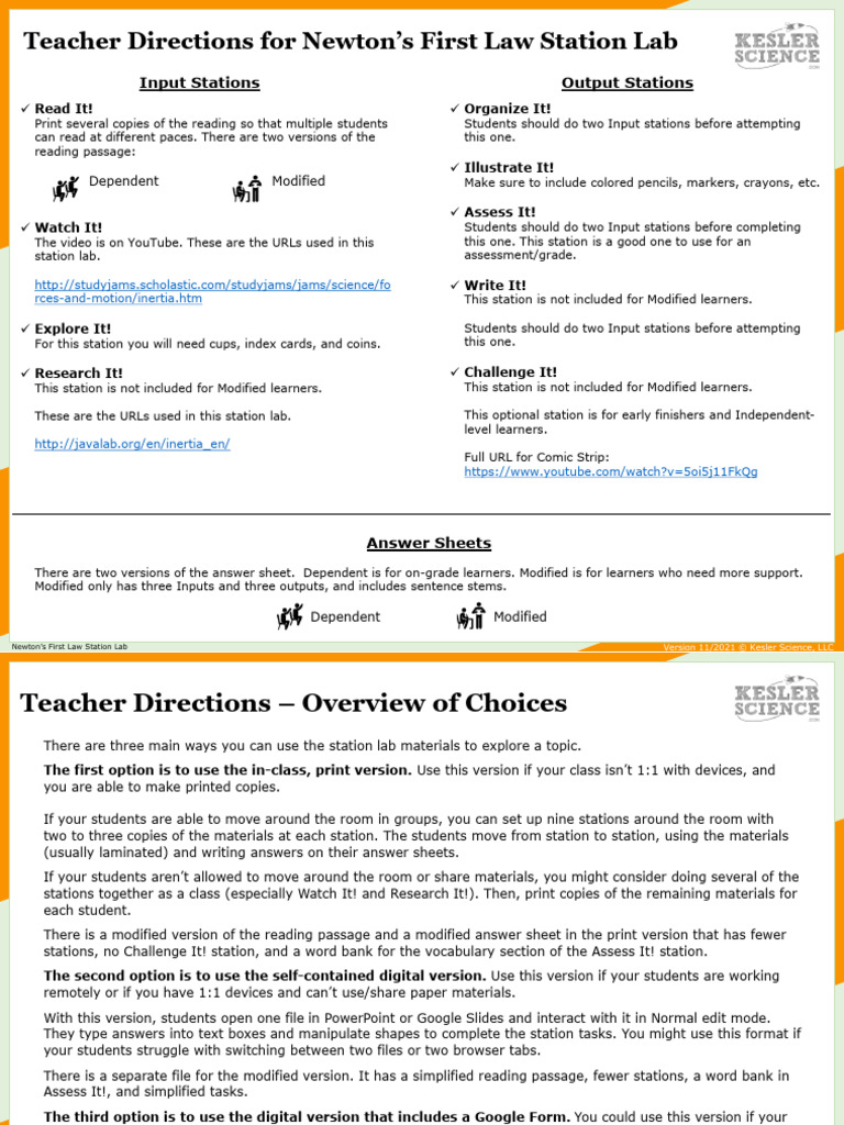 KeslerScience NewtonsFirstLaw StationLab TeacherDirectionsKey | PDF ...