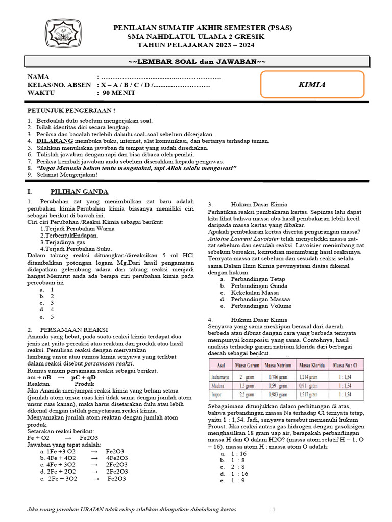 Final Kode A Format Naskah Soal Ujian & Jawaban Psas 23-24 | PDF