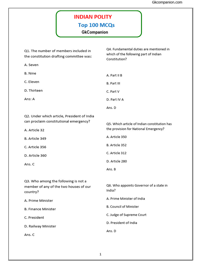 Indian Polity 100+ MCQs | Download Free PDF | Jurisdiction | Original ...