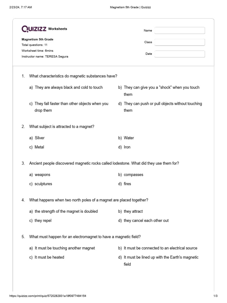 Magnetism 5th Grade - Quizizz | PDF | Magnetism | Magnet