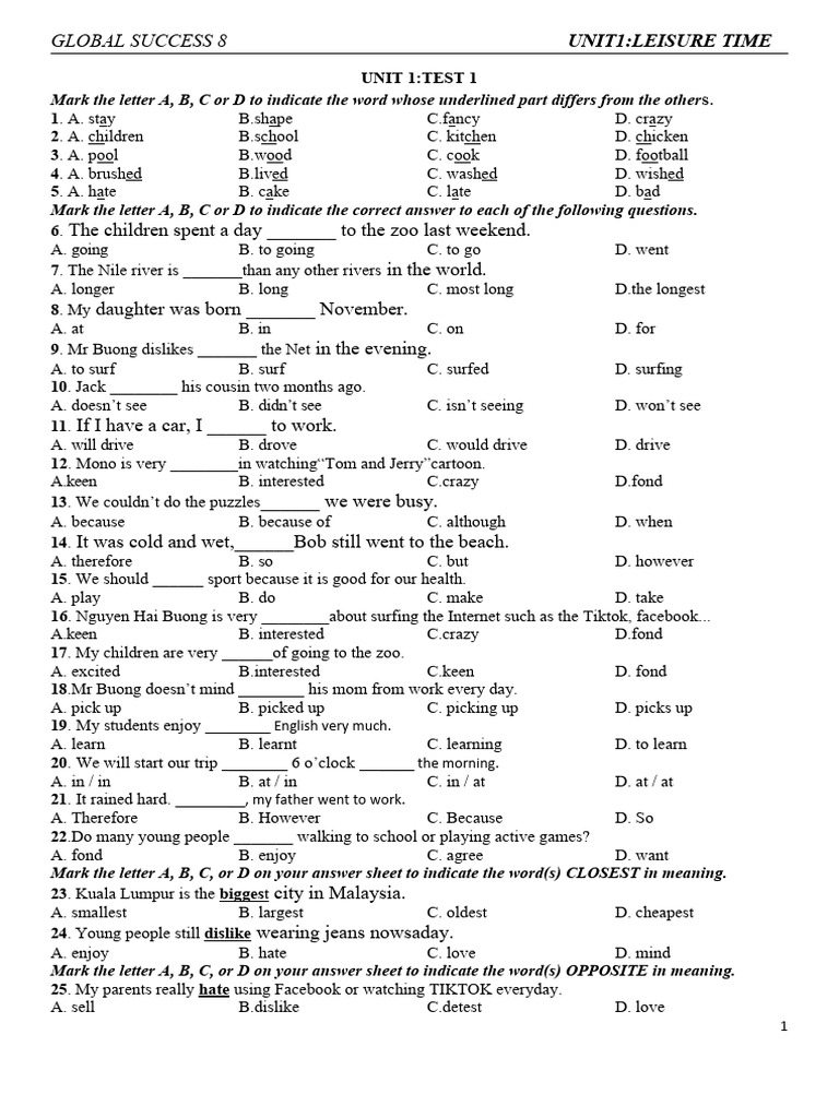 Practice Test - Grade 8 | PDF | Hobbies