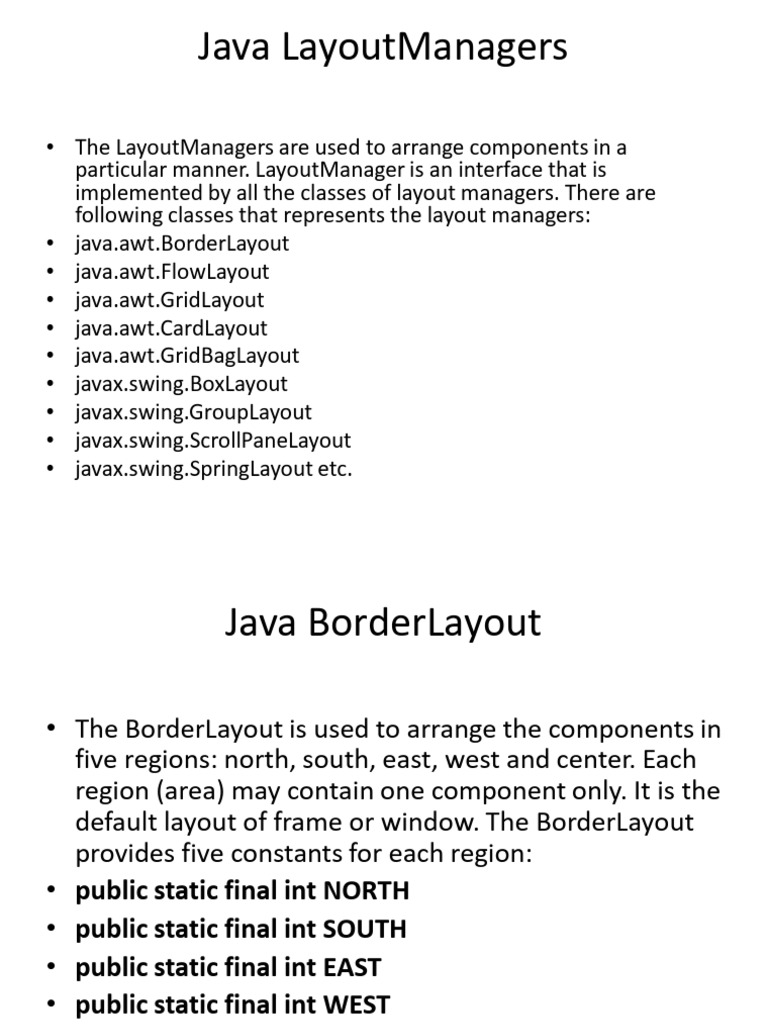 Java LayoutManagers | PDF | Software Development | Programming Paradigms