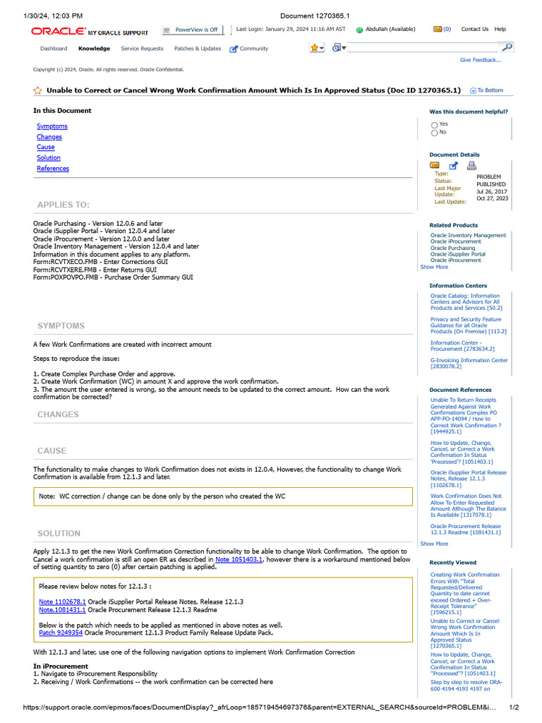 Unable To Correct or Cancel Wrong Work Confirmation Amount Which Is in Approved Status | PDF ...