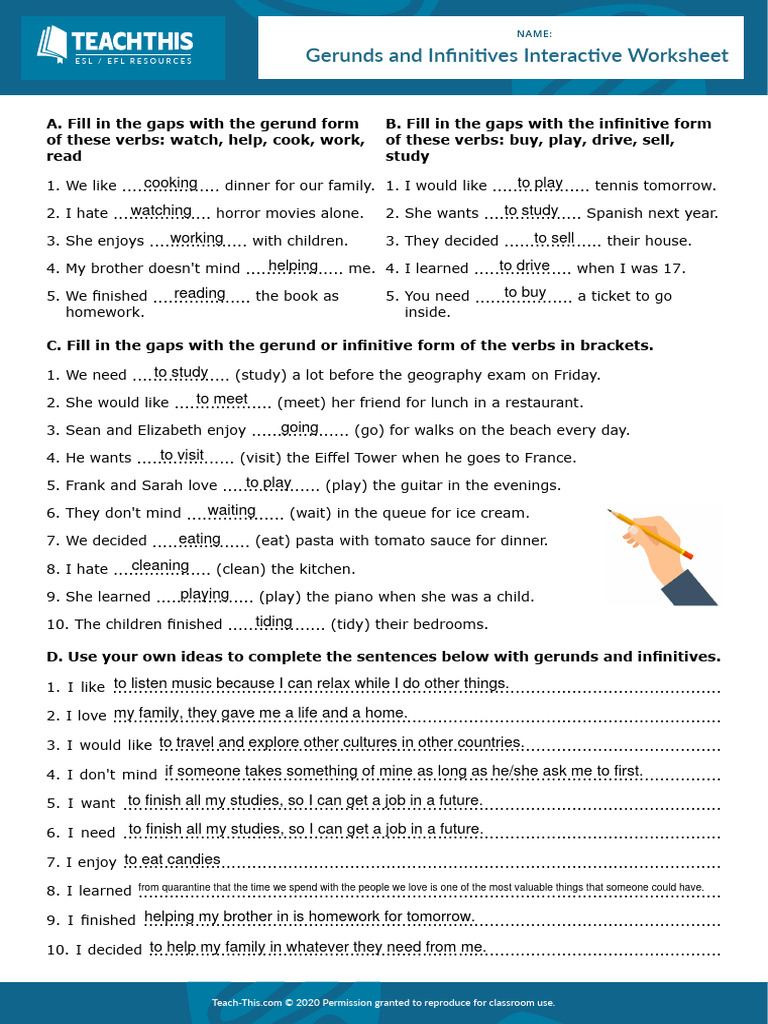 Gerunds and Infinitives Interactive Worksheet: Esl / Efl Resources ...