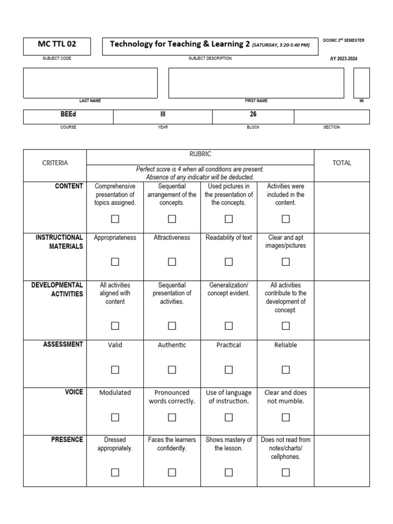 Rubric For Reporting MC TTL 2 III 26 1 | PDF | Rubric (Academic) | Pedagogy