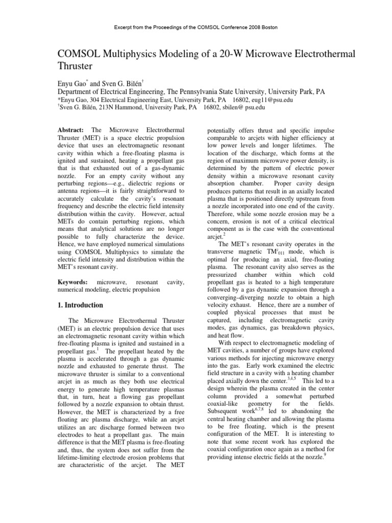 COMSOL Multiphysics Modeling of A 20-W Microwave Electrothermal Thruster | Download Free PDF ...