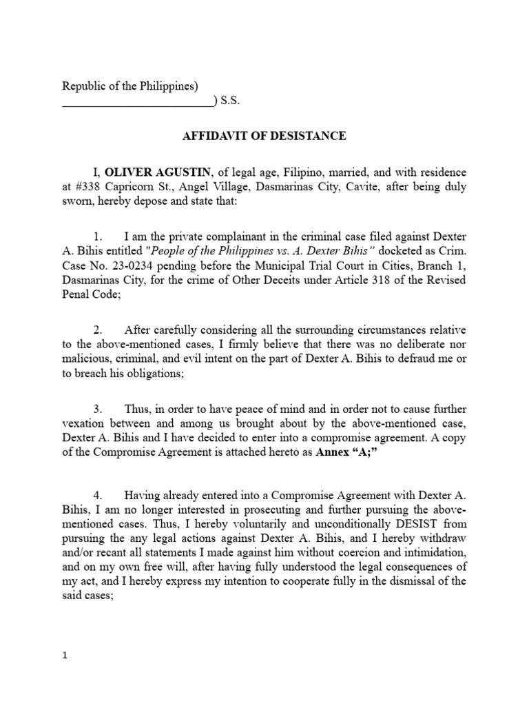Affidavit of Desistance of Oliver Agustin | PDF | Affidavit | Crime ...
