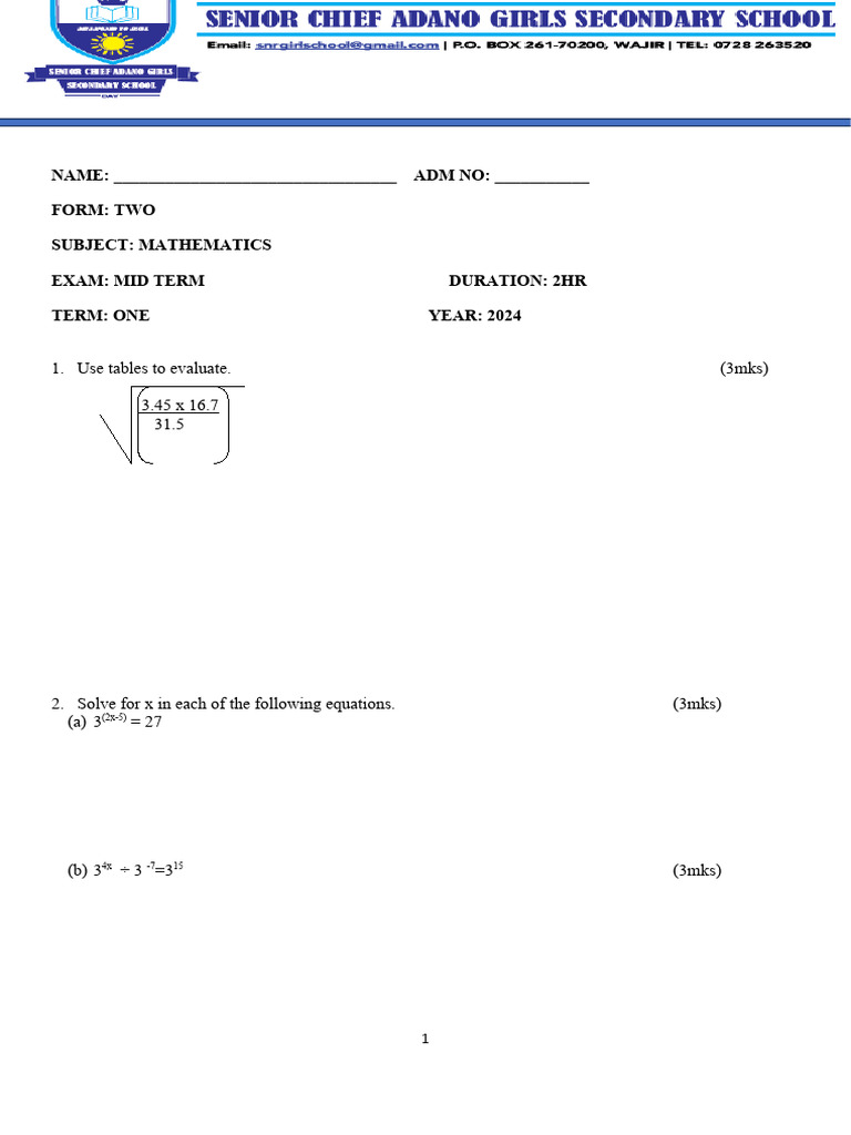 MATHS F2 Q Term 1 2023 Teacher - Co - Ke 1 | PDF