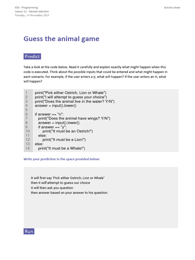 KS3 Nested Selection Programming Activity | PDF