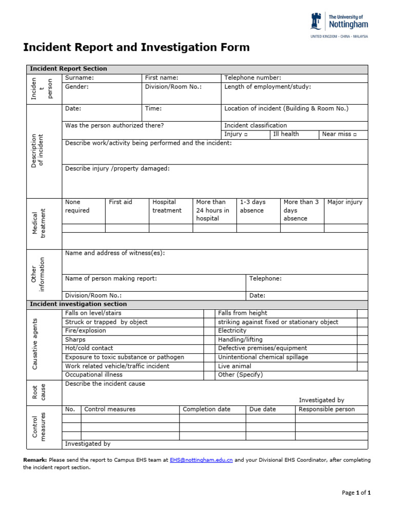 Incident Report and Investigation Form | PDF | Injury | Safety