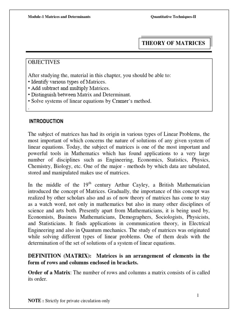 Matrices and Determinants Module | PDF | Matrix (Mathematics) | Determinant