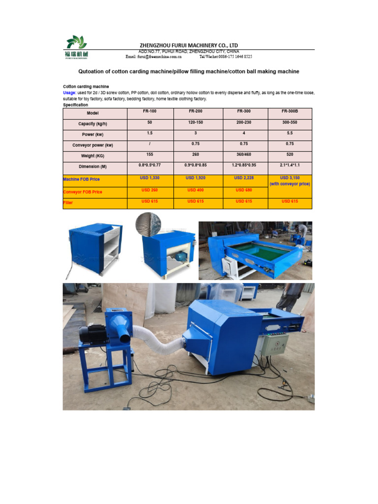Cotton Carding & Filling Machines Pricing | PDF | Textiles | Pillow