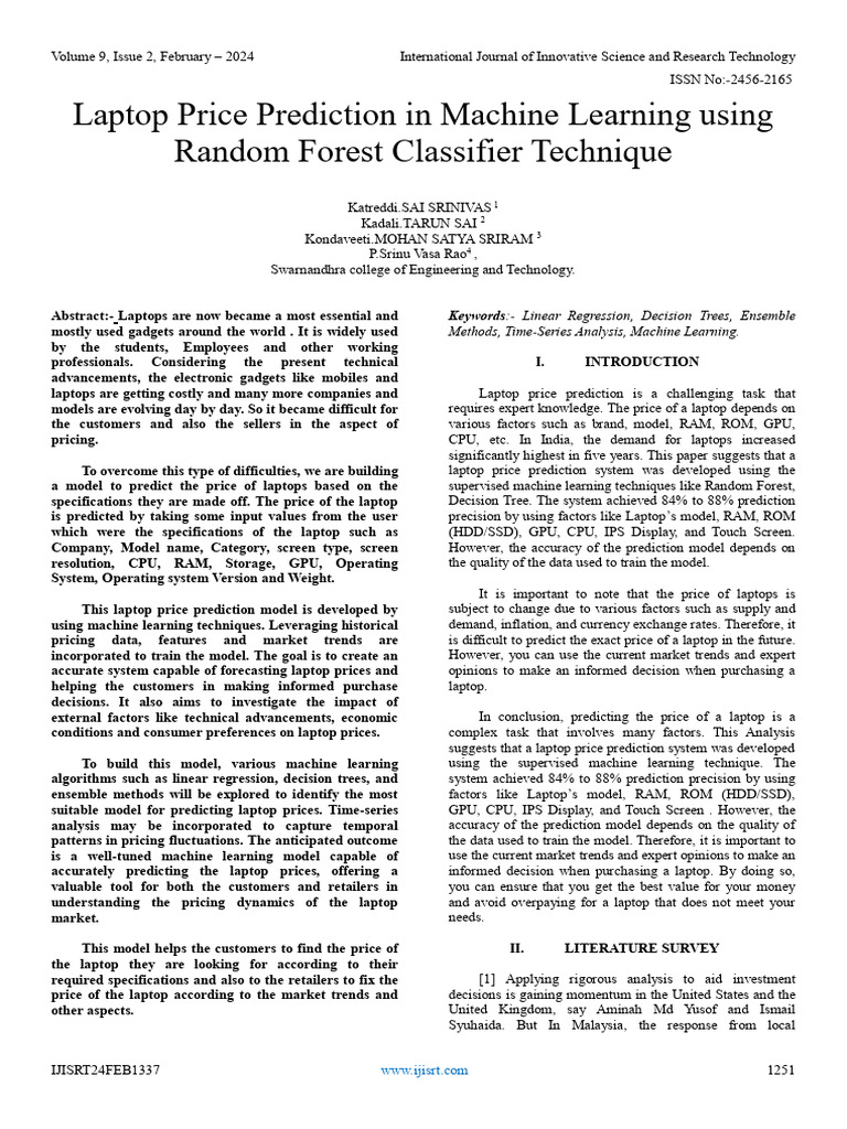 Laptop Price Prediction In Machine Learning Using Random Forest Classifier Technique Pdf 4064