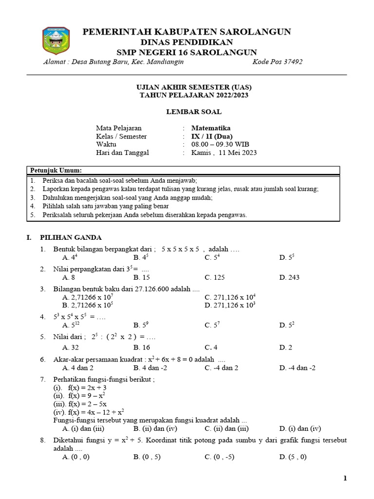 5-Soal Pas Mat 9 k13 Rev | PDF