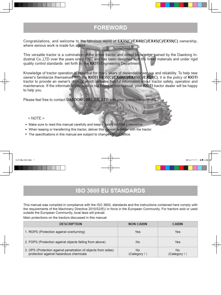 Kioti EX35 (C), EX40 (C), EX45 (C), EX50 (C) Tractor Operator's Manual ...