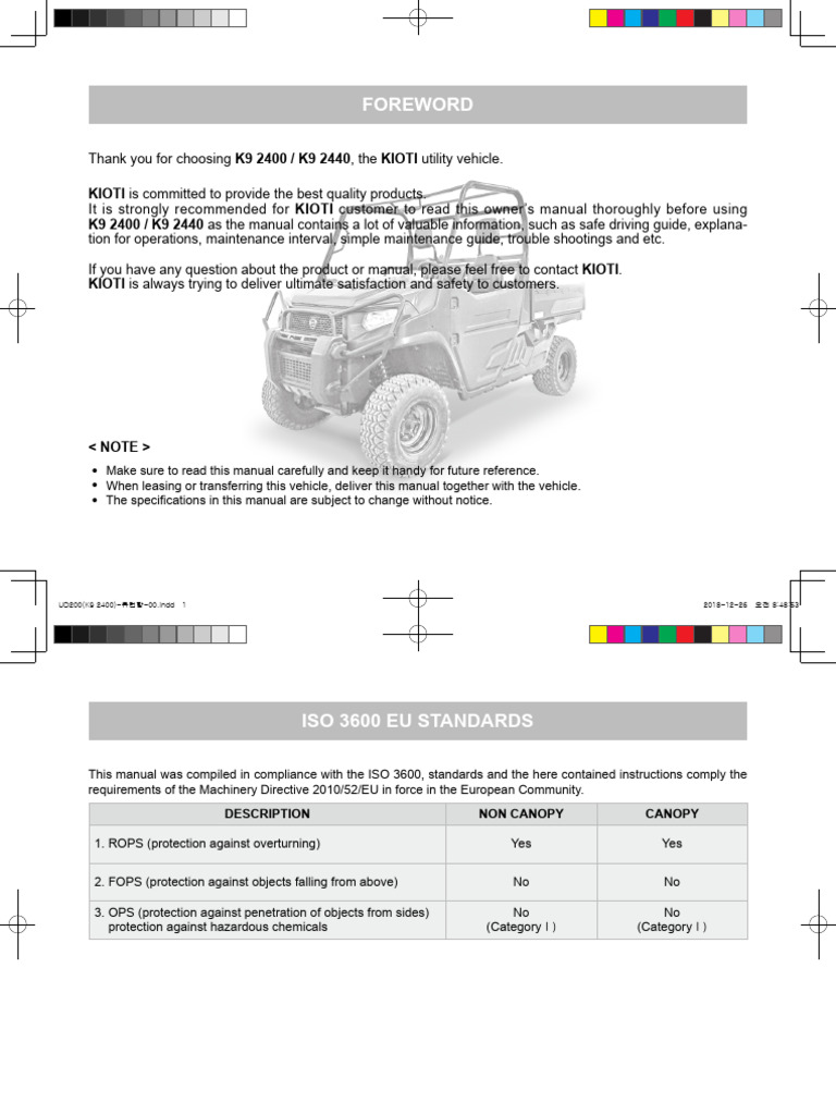 Kioti K9 2400, K9 2440 Utility Vehicle Operator's Manual | PDF | Four Wheel Drive | Vehicles