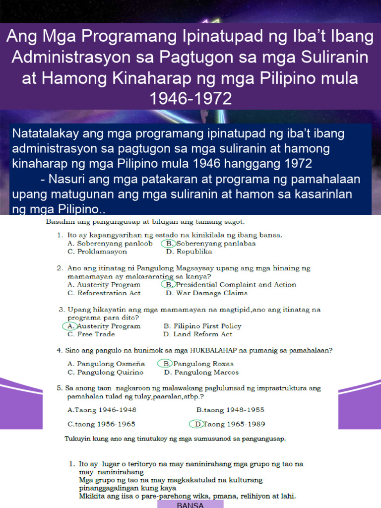 Ang Mga Programang Ipinatupad NG Iba't Ibang Administrasyon Sa Pagtugon Sa Mga Suliranin at ...