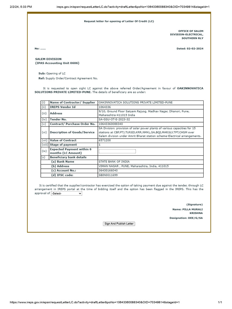 Railway LC Request for Solar Project | PDF | Business Law | Private Law