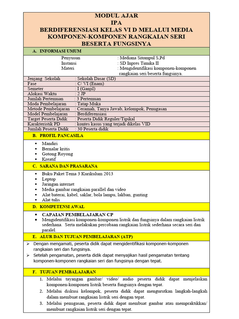 Modul Ajar IPA Kelas VI Berdiferensiasi | PDF | Metode & Bahan Ajar | Teknologi & Rekayasa