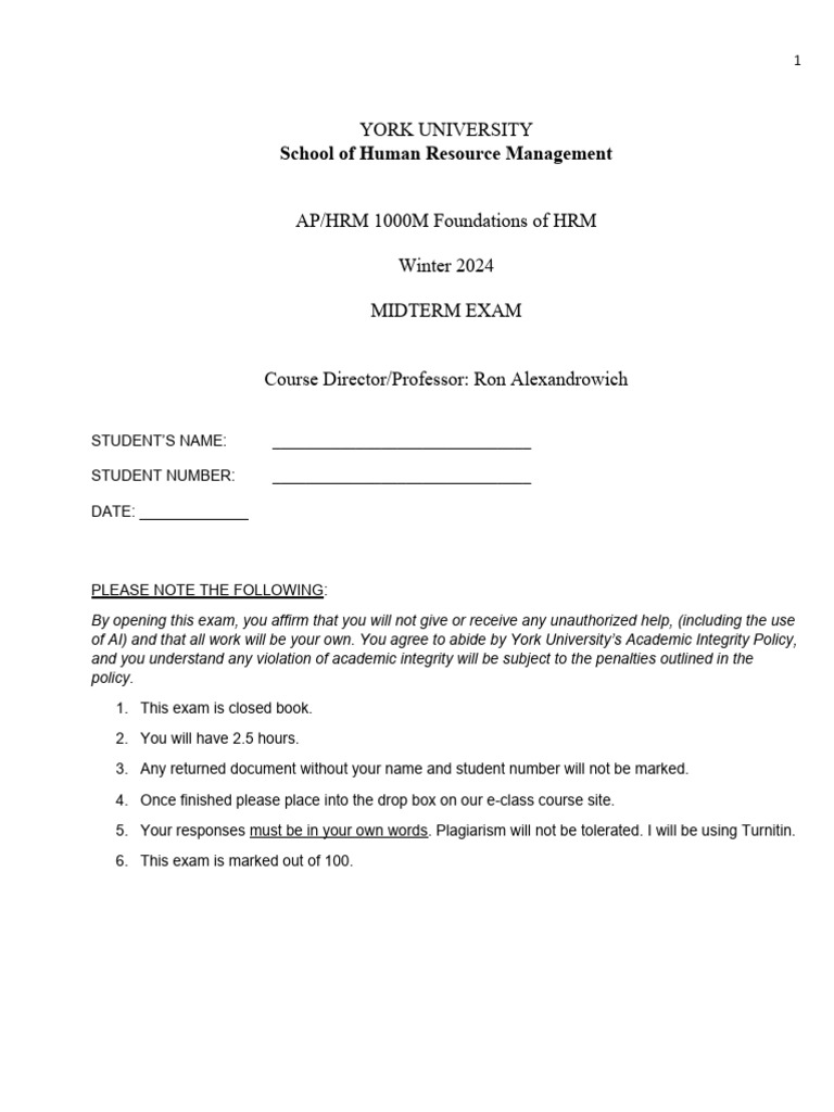 Midterm HRM1000M Winter 2024 | PDF | Human Resource Management | Employment