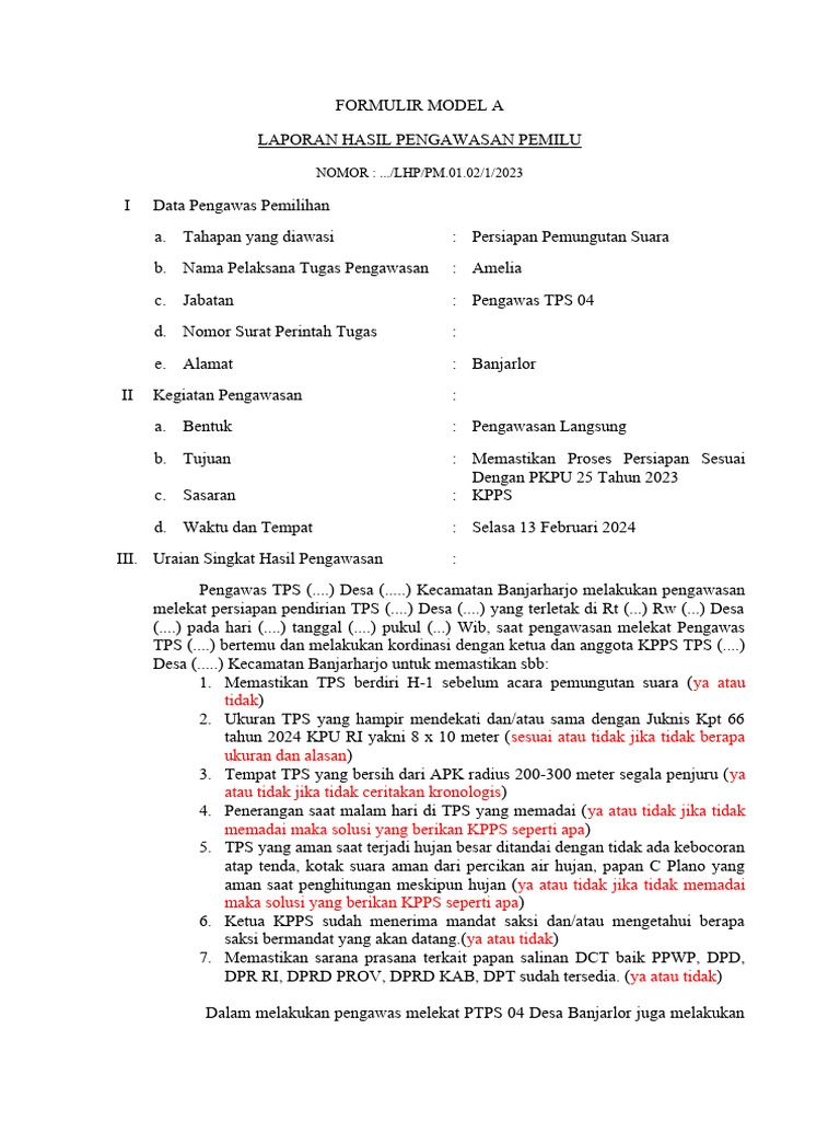 Contoh Form A Persiapan TPS | PDF