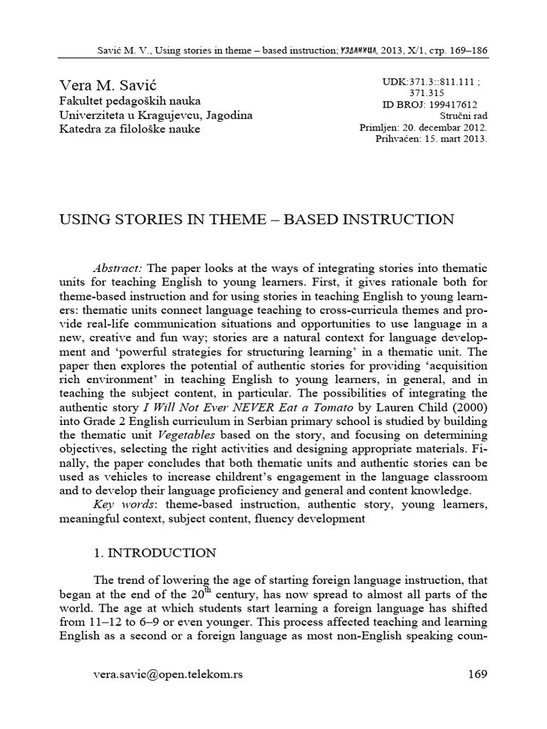 Vera M. Savić USING STORIES IN THEME - BASED INSTRUCTION | PDF | Language Education | Foreign ...