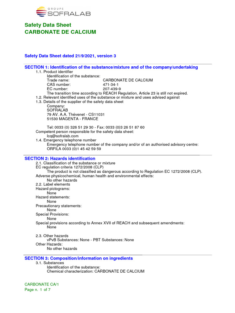 Calcium Carbonate Safety Data Sheet | PDF | Dangerous Goods | Sodium