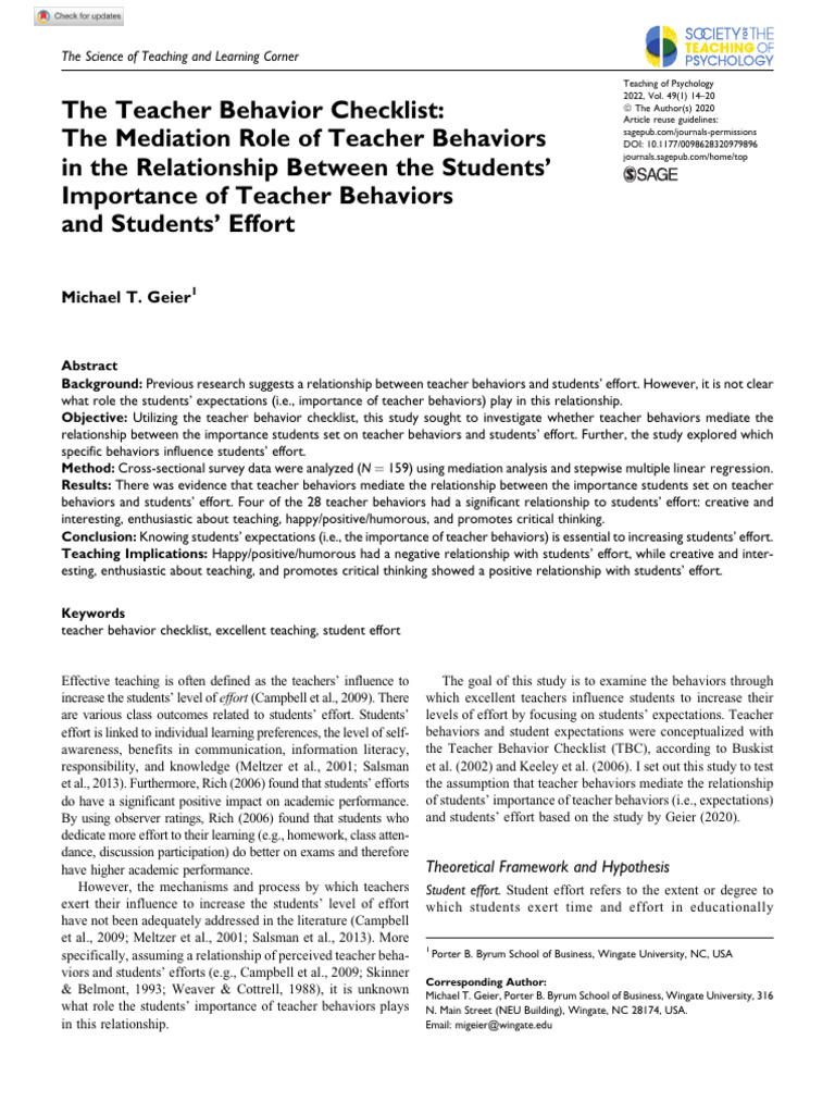 The Teacher Behavior Checklist | PDF | Teachers | Critical Thinking