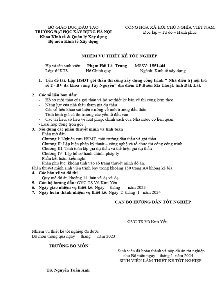 Đ T 1 K64 Phieu Giao Nhiem Vu DATN | PDF